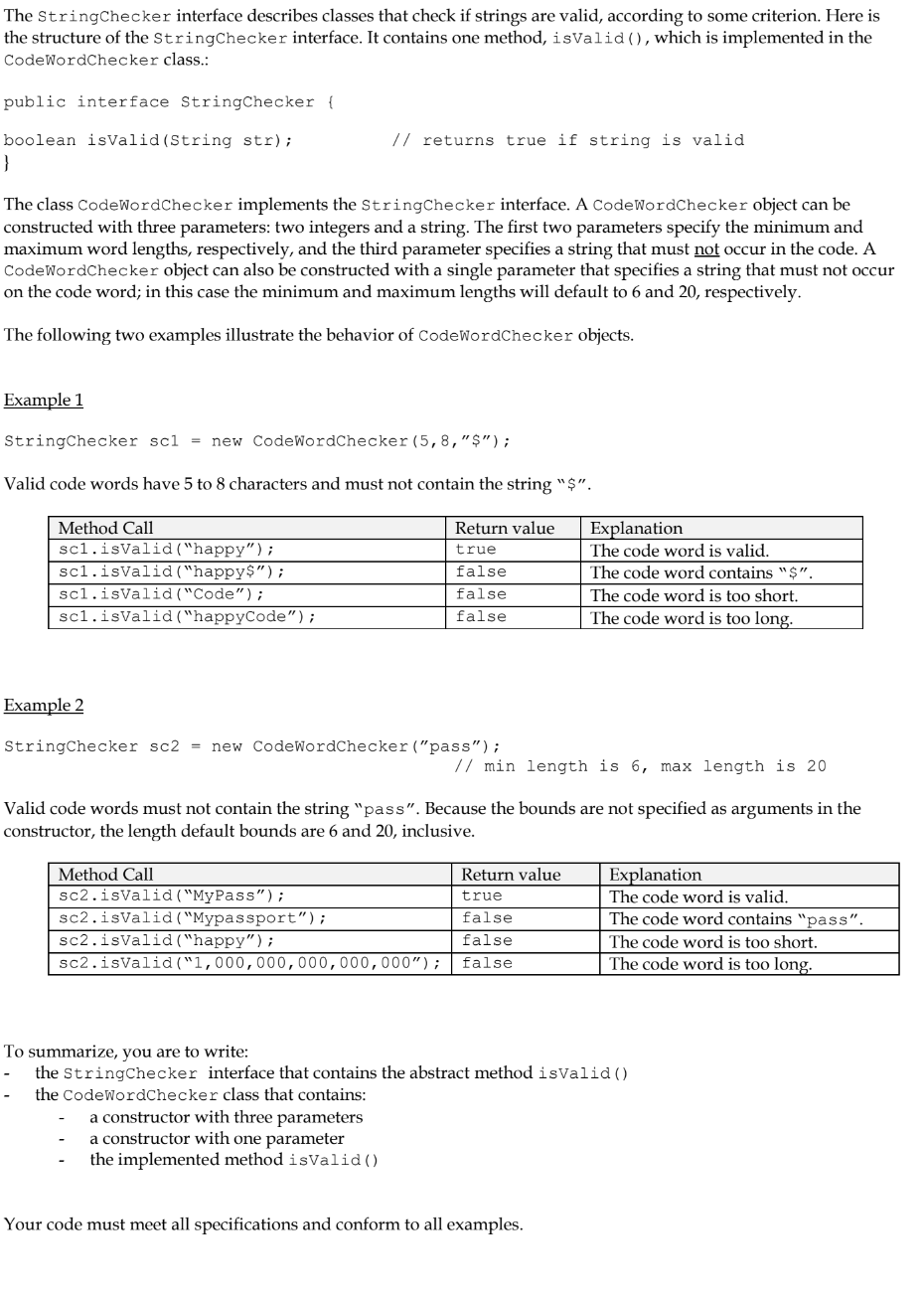 Solved The StringChecker interface describes classes that | Chegg.com