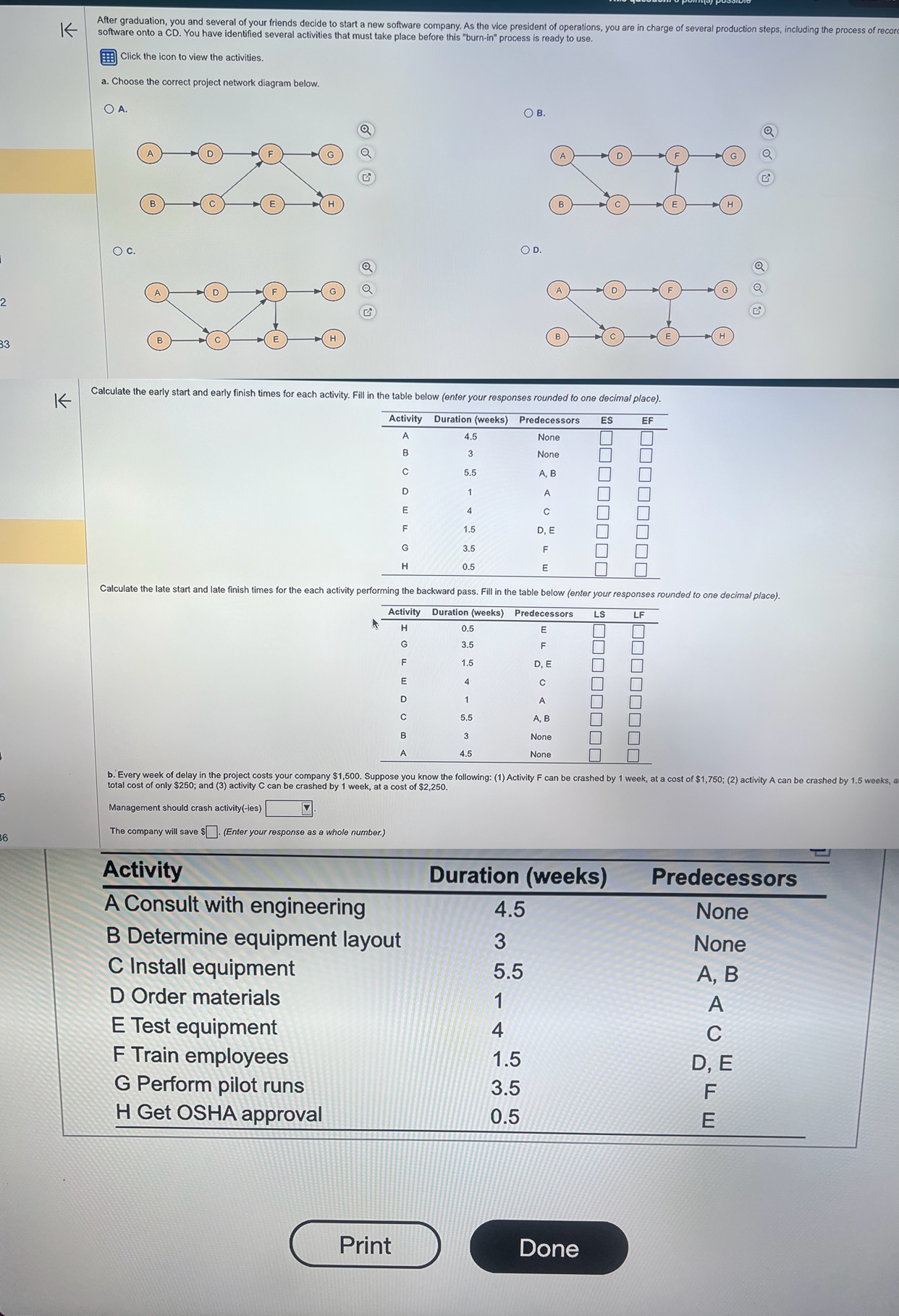 Solved a. ﻿Choose the correct project network diagram | Chegg.com