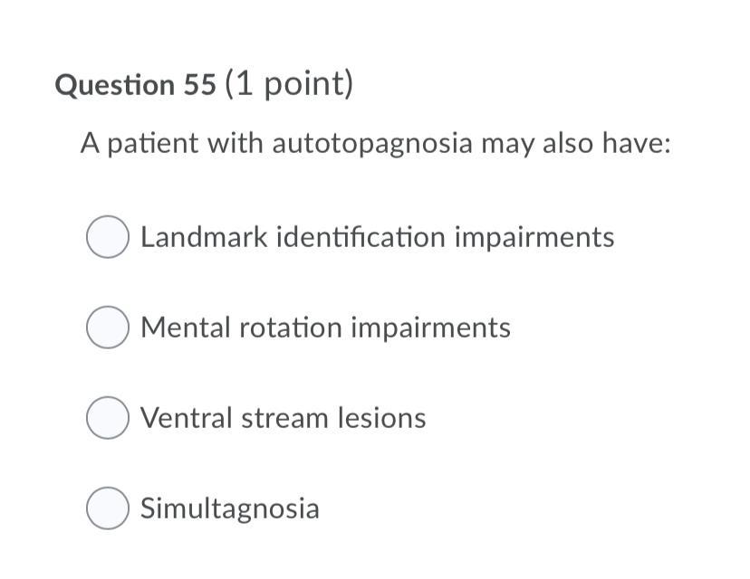 Solved Question 55 (1 point) A patient with autotopagnosia | Chegg.com