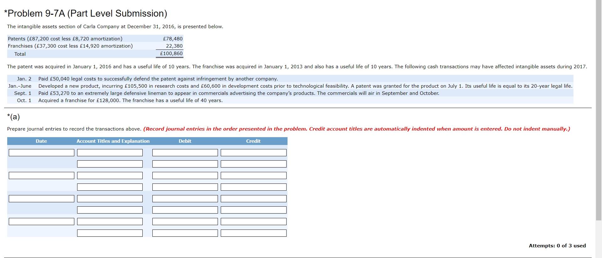 Solved * Problem 9-7A (Part Level Submission) The intangible | Chegg.com