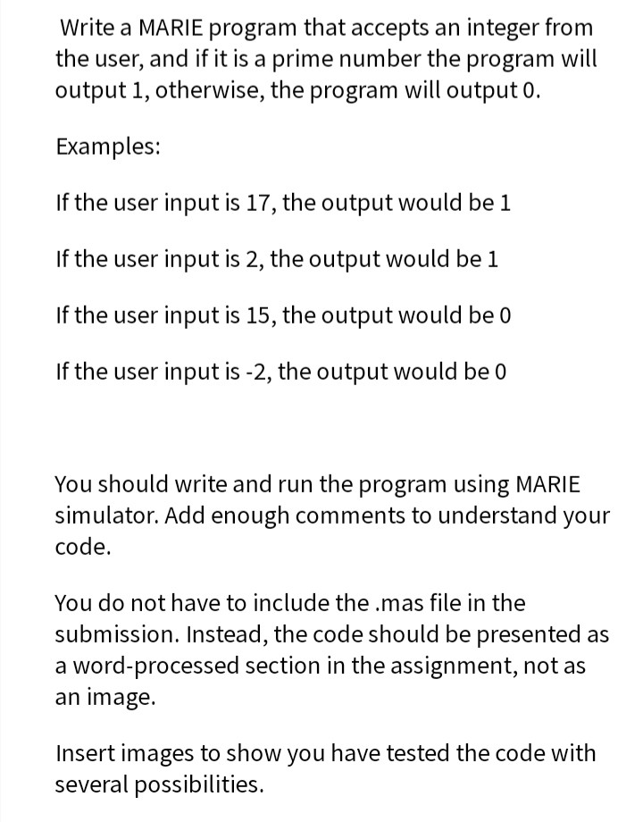 Solved Write a MARIE program that accepts an integer from | Chegg.com