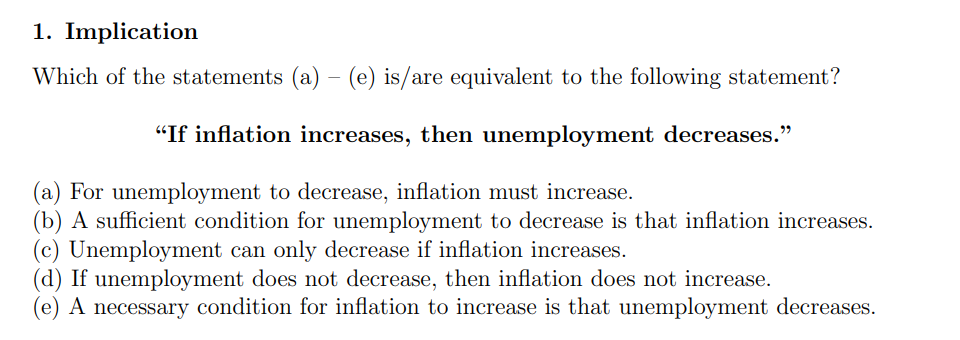 Solved 1. Implication Which of the statements (a) - (e) | Chegg.com