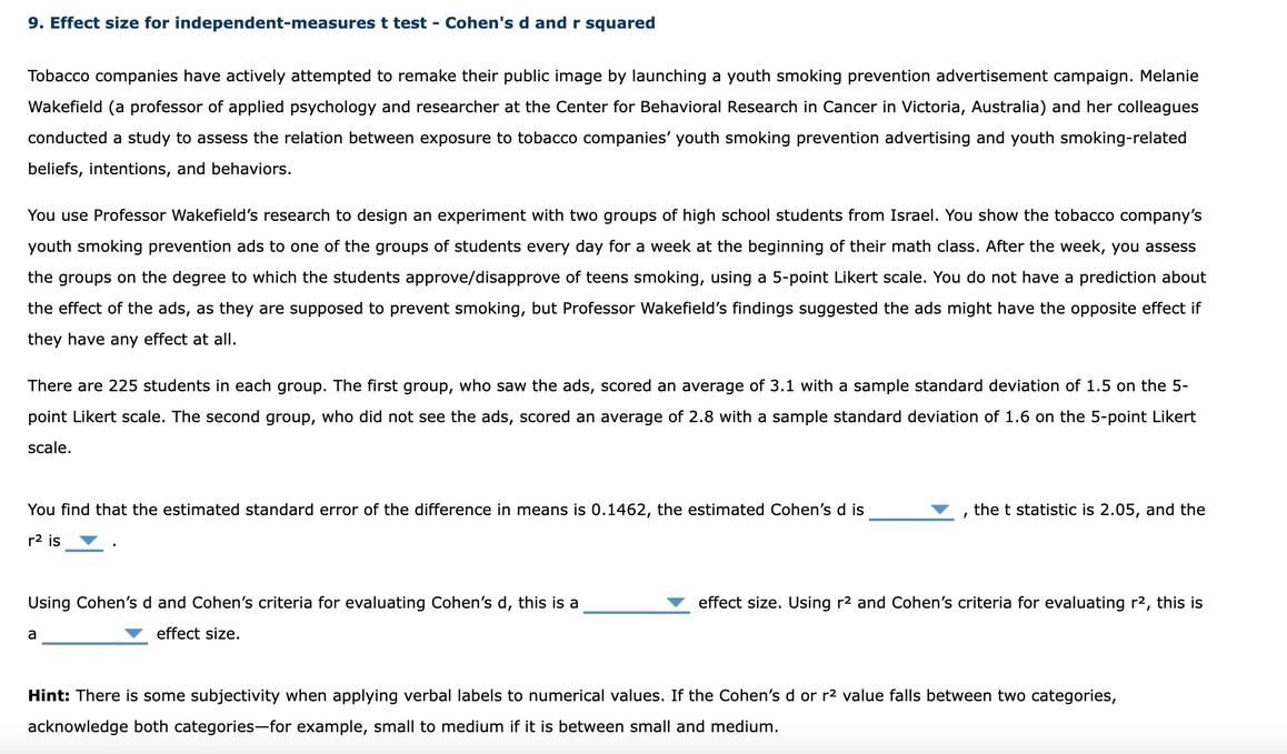Solved 9. Effect size for independent-measures t test - | Chegg.com