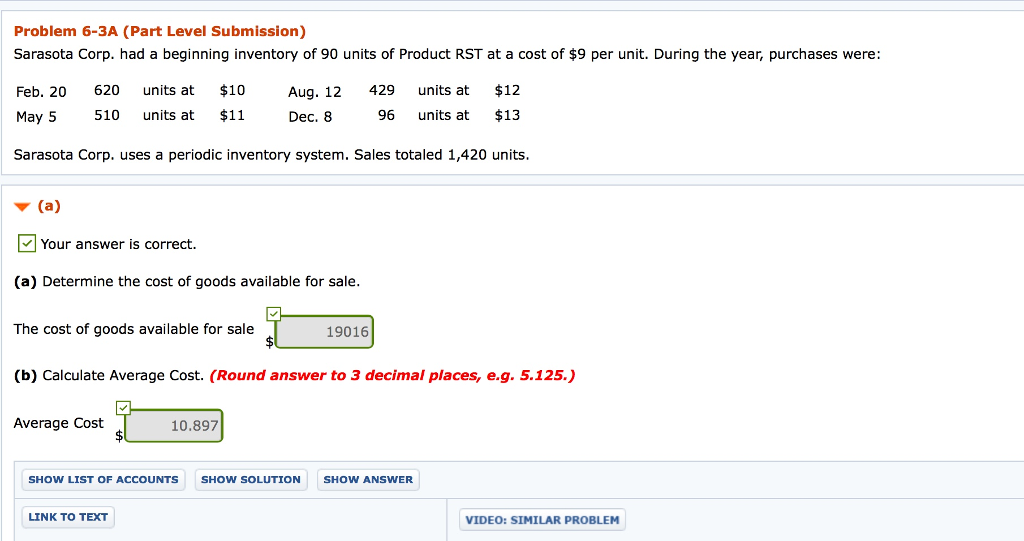 Solved Problem 6-3A (Part Level Submission) Sarasota Corp. | Chegg.com