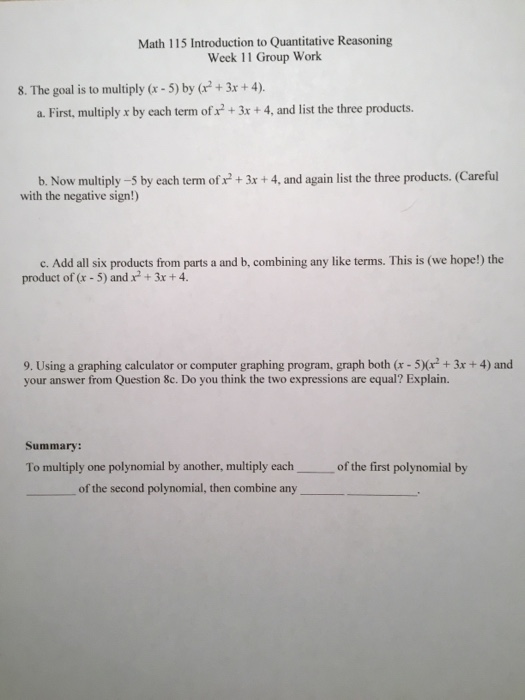Solved Math 115 Introduction to Quantitative Reasoning Week | Chegg.com
