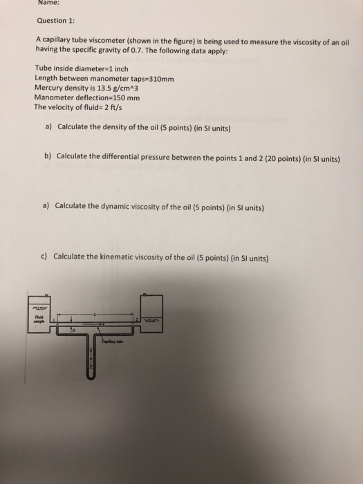 Solved Name: Question 1 A capillary tube viscometer (shown | Chegg.com