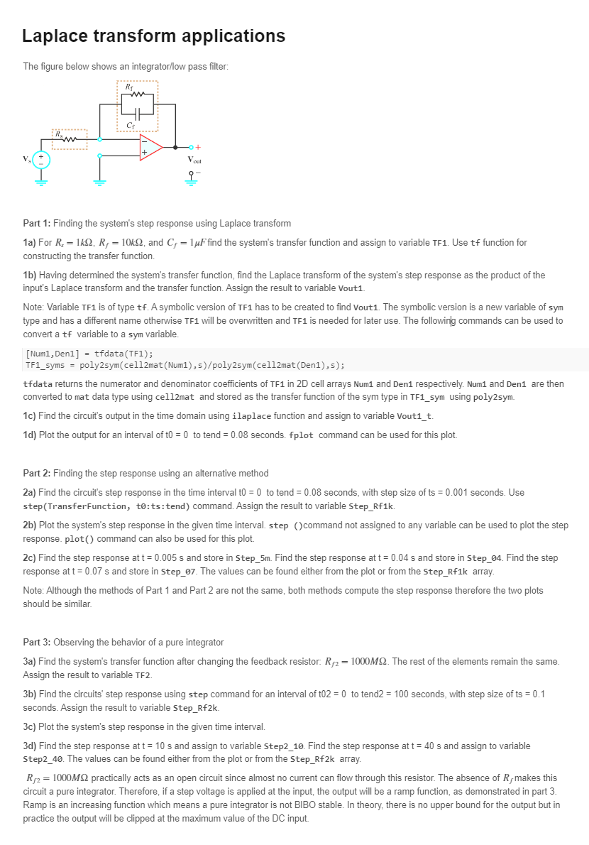 Solved Answer all parts in MATLAB code.Laplace transform | Chegg.com