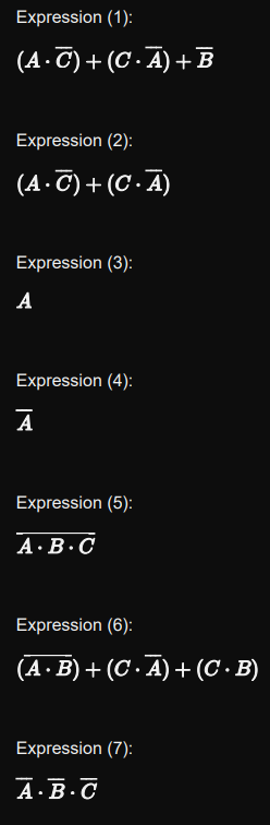 Solved Expression (1): (A⋅Cˉ)+(C⋅Aˉ)+Bˉ Expression (2): | Chegg.com