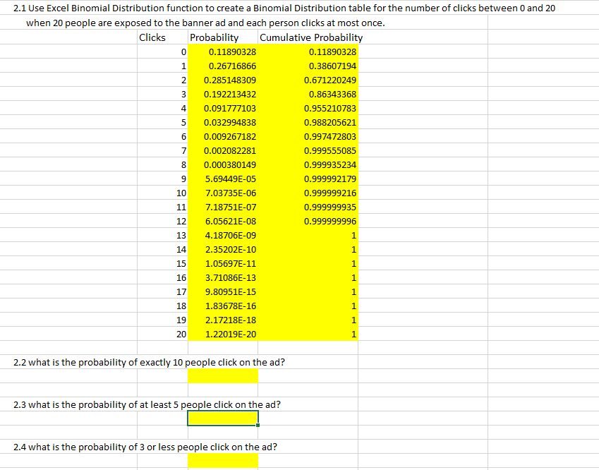 Solved 2.1 Use Excel Binomial Distribution function to | Chegg.com