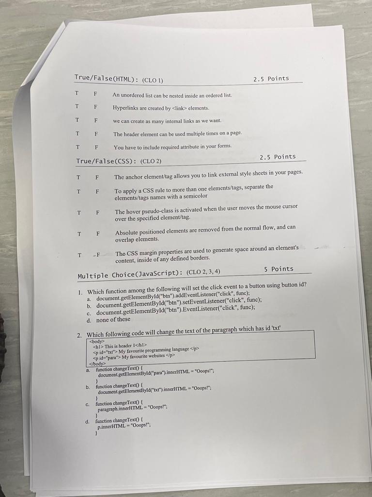 Solved True/Fa1se(HTML): (CLO 1) 2.5 Points T F An unordered | Chegg.com