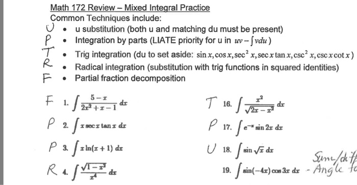 Solved Math 172 Review-Mixed Integral Practice Common | Chegg.com