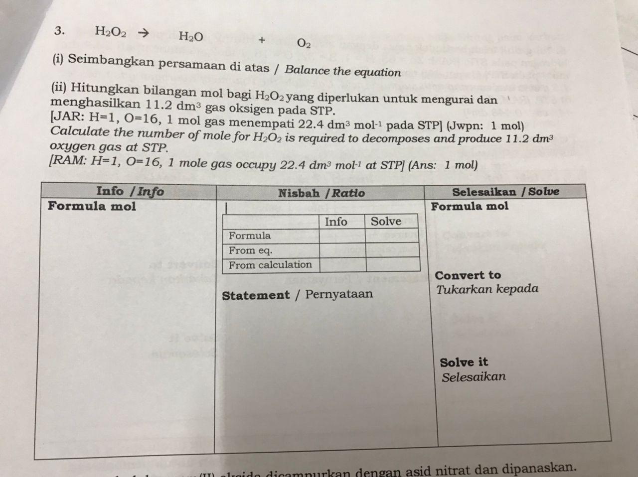 Solved 3. H2O2 → H2O 02 (i) Seimbangkan persamaan di atas / | Chegg.com
