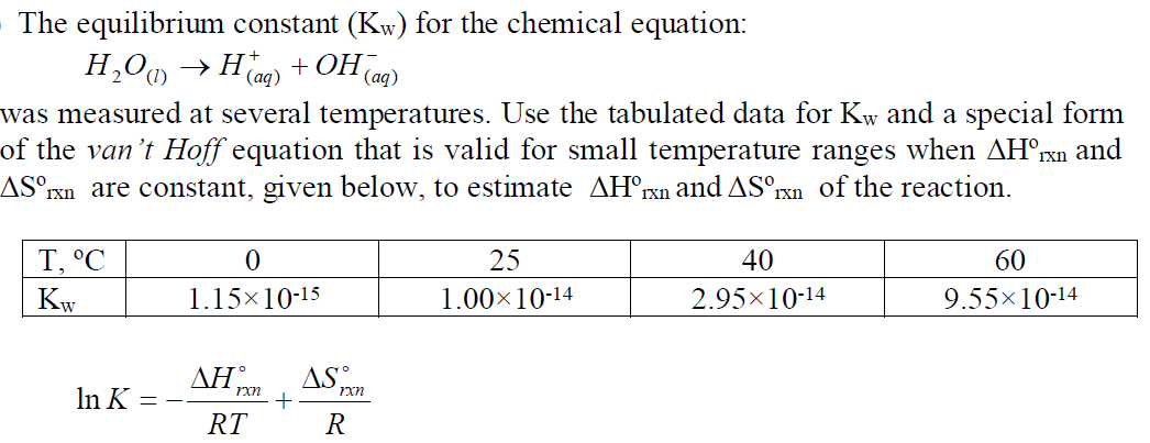 Solved - The equilibrium constant (Kw) for the chemical | Chegg.com