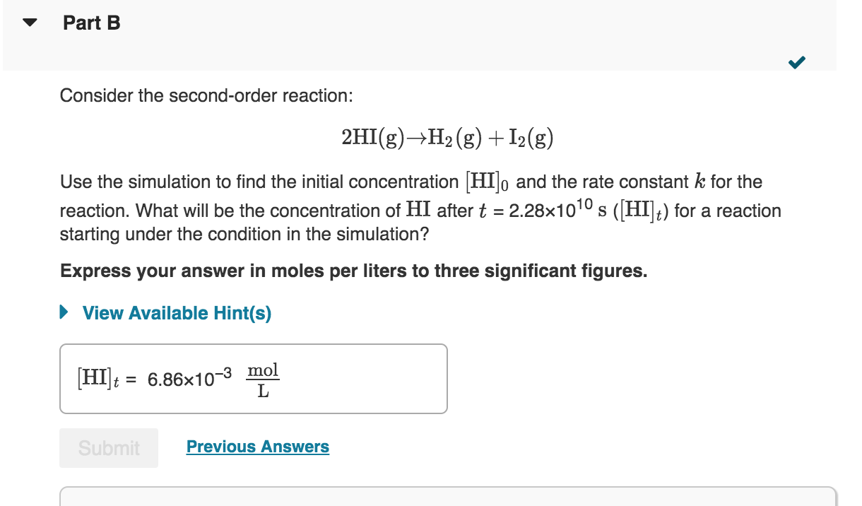 Part B Consider the second-order reaction: 2HI(g) | Chegg.com