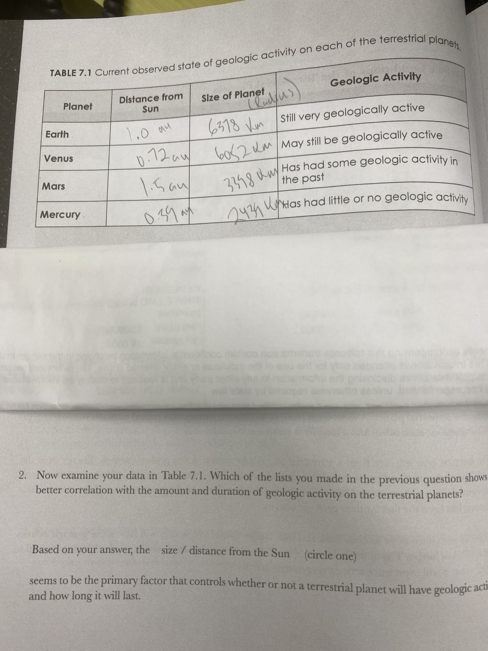 Solved planets. Geologic Activity TABLE 7.1 Current observed | Chegg.com