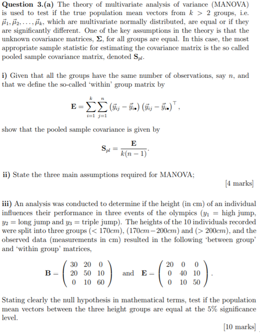 Question 3.(a) The theory of multivariate analysis of | Chegg.com