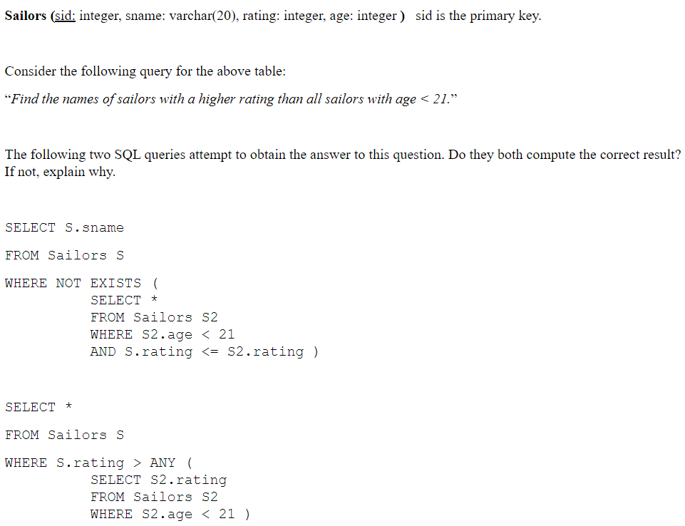 Solved Sailors (sid: integer, sname: varchar(20), rating: | Chegg.com