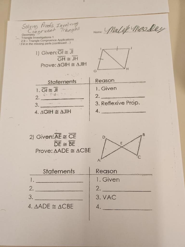 Solved Solving Proofs, Involving Geomengiruent Trangles | Chegg.com