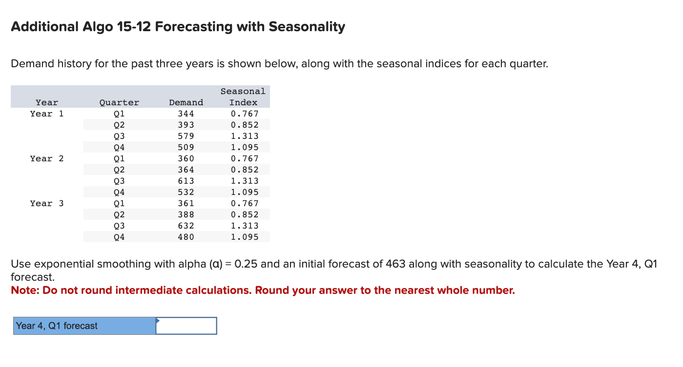 Solved Additional Algo 15−12 Forecasting with Seasonality | Chegg.com