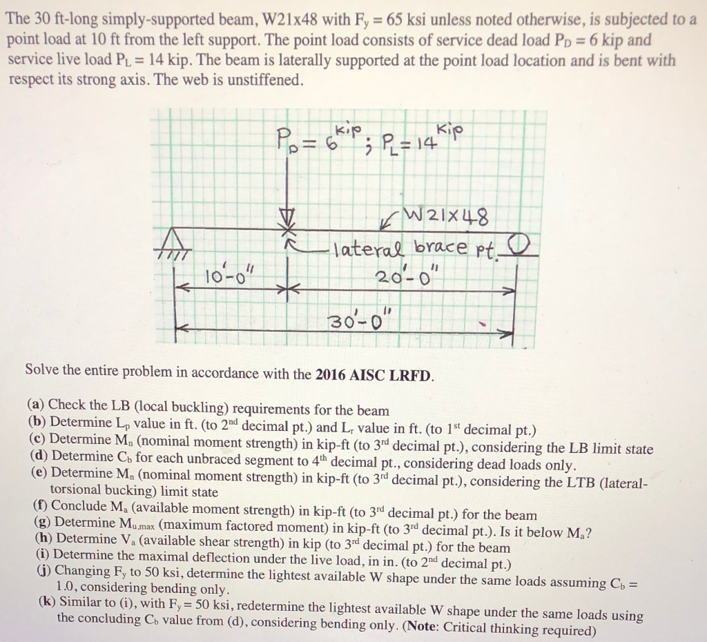 Solved The 30 ft-long simply-supported beam, W21x48 with Fy | Chegg.com