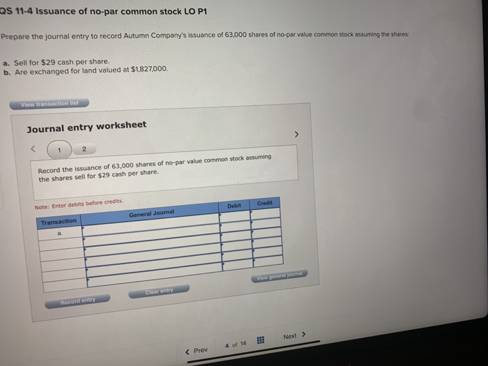 Solved S 11-4 Issuance of no-par common stock LO P1 Prepare | Chegg.com