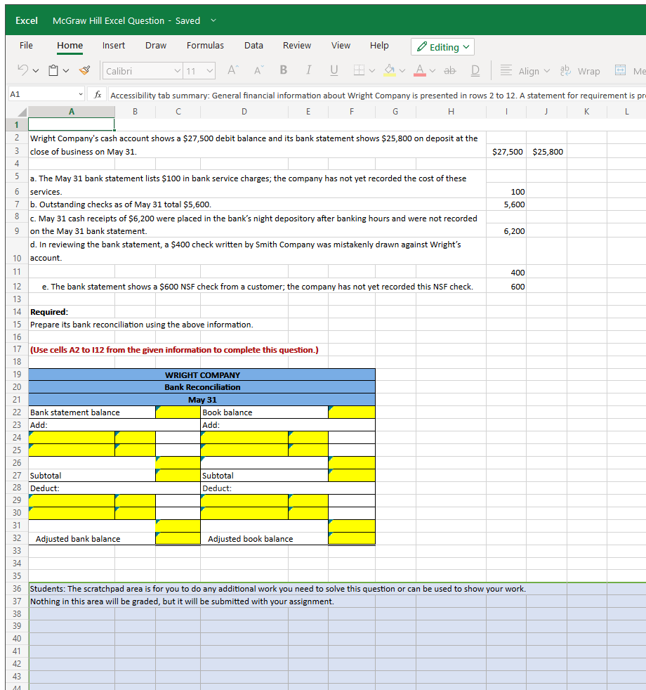 Solved Excel McGraw Hill Excel Question - Saved - File Home | Chegg.com
