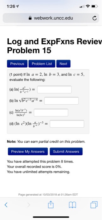 Solved 1:26 T el 을 webwork.uncc.edu Log and ExpFxns Review | Chegg.com