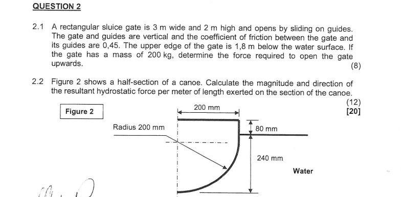 Solved 2.1 A rectangular sluice gate is 3 m wide and 2 m | Chegg.com