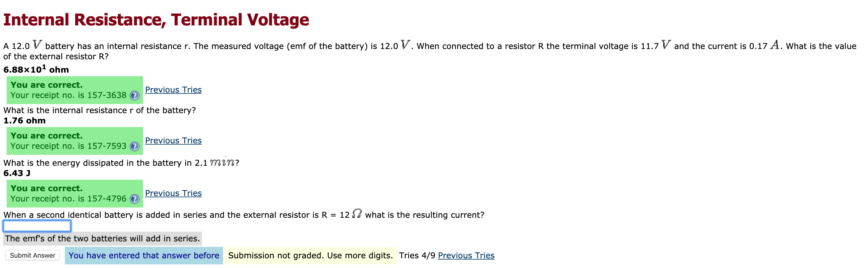 Solved Internal Resistance, Terminal Voltage A 12.0 V | Chegg.com