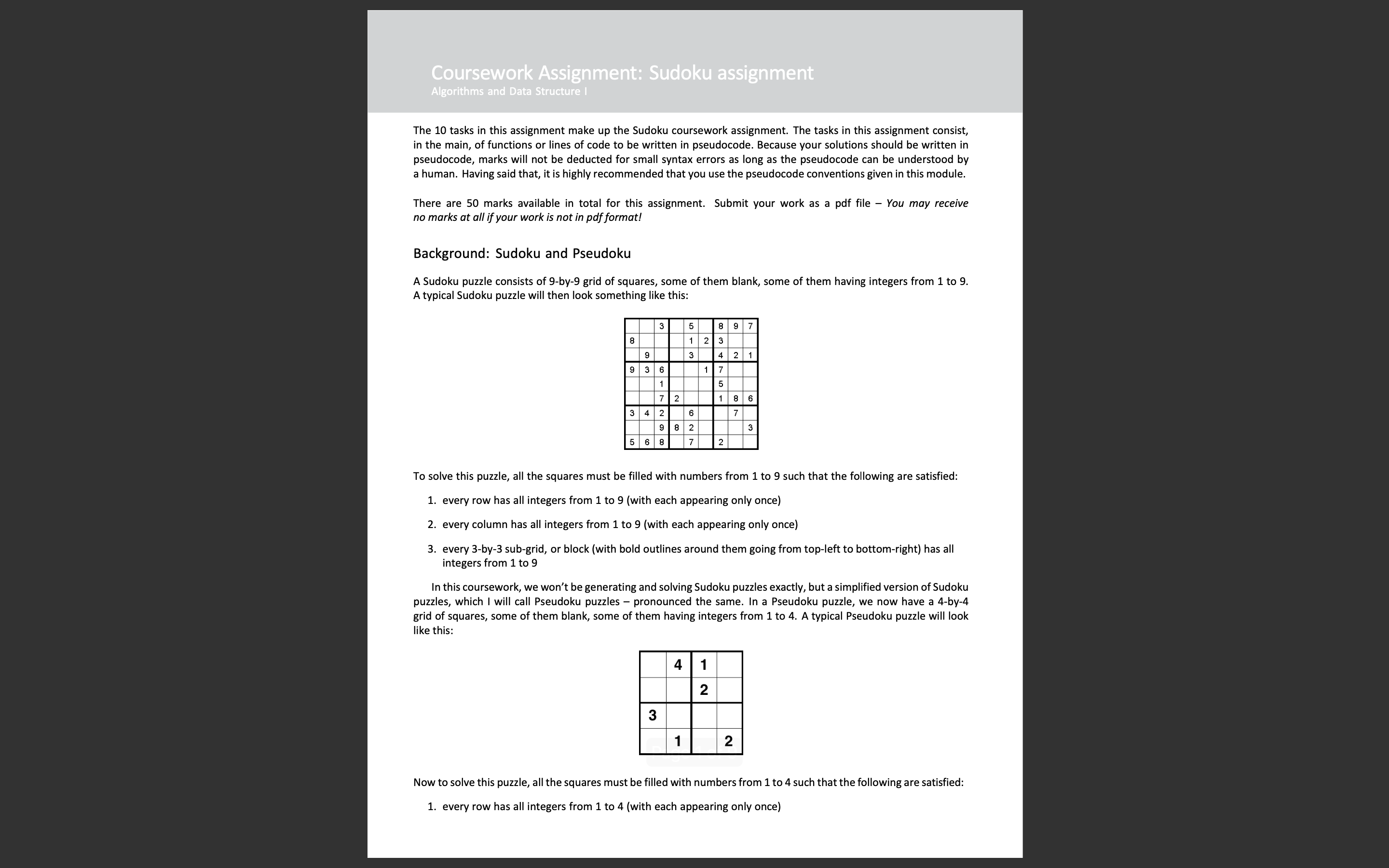 Solved The 10 tasks in this assignment make up the Sudoku | Chegg.com