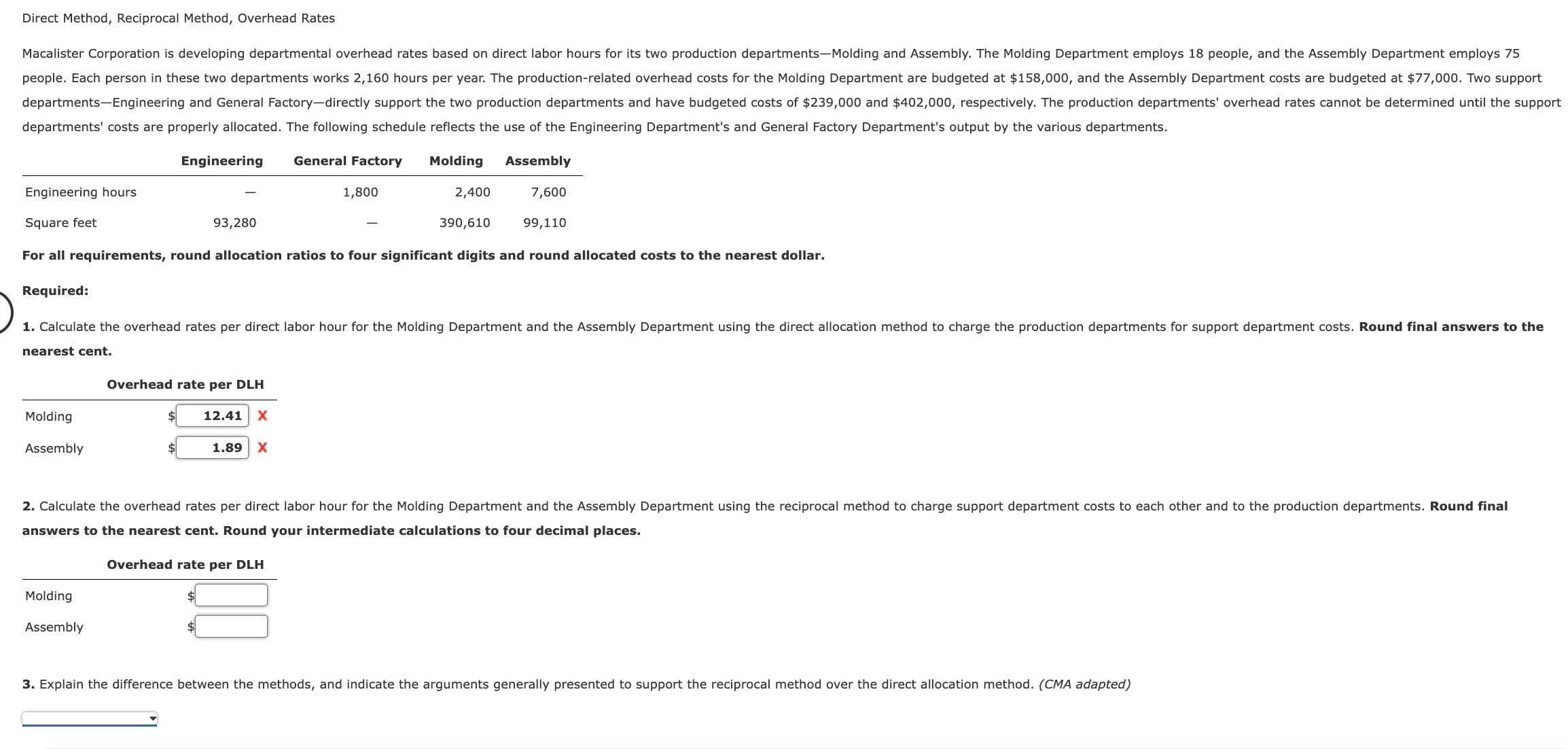 Direct Method, Reciprocal Method, Overhead RatesFor | Chegg.com