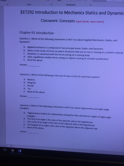 Solved Paragraph Font EET292 Introduction to Mechanics | Chegg.com
