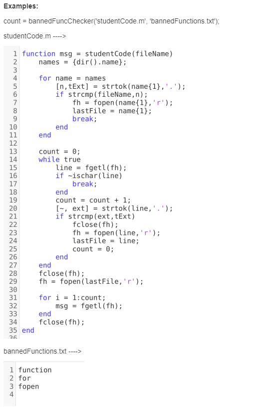 Function name: bannedFuncChecker Inputs (2): • (char) | Chegg.com