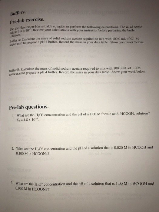 Solved Buffers. Pre-lab exercise the Henderson-Hasselbalch | Chegg.com