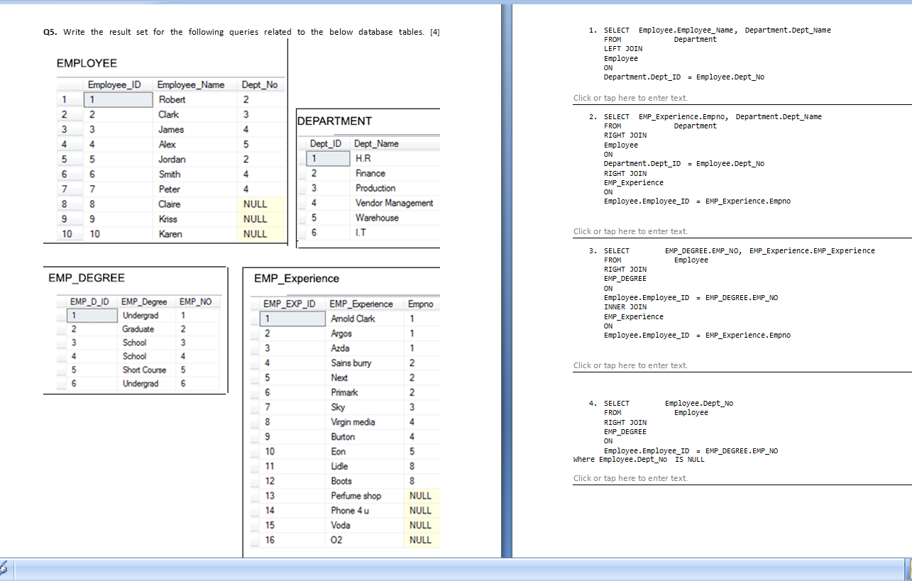 Solved Q5. Write the result set for the following queries | Chegg.com
