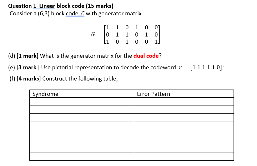 Solved Question 1 Linear block code (15 marks) Consider a | Chegg.com