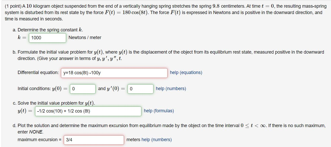 Solved (1 point) A 10 kilogram object suspended from the end | Chegg.com