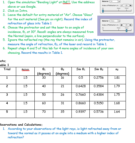 Solved 2.) Compare the values for index of refraction of | Chegg.com