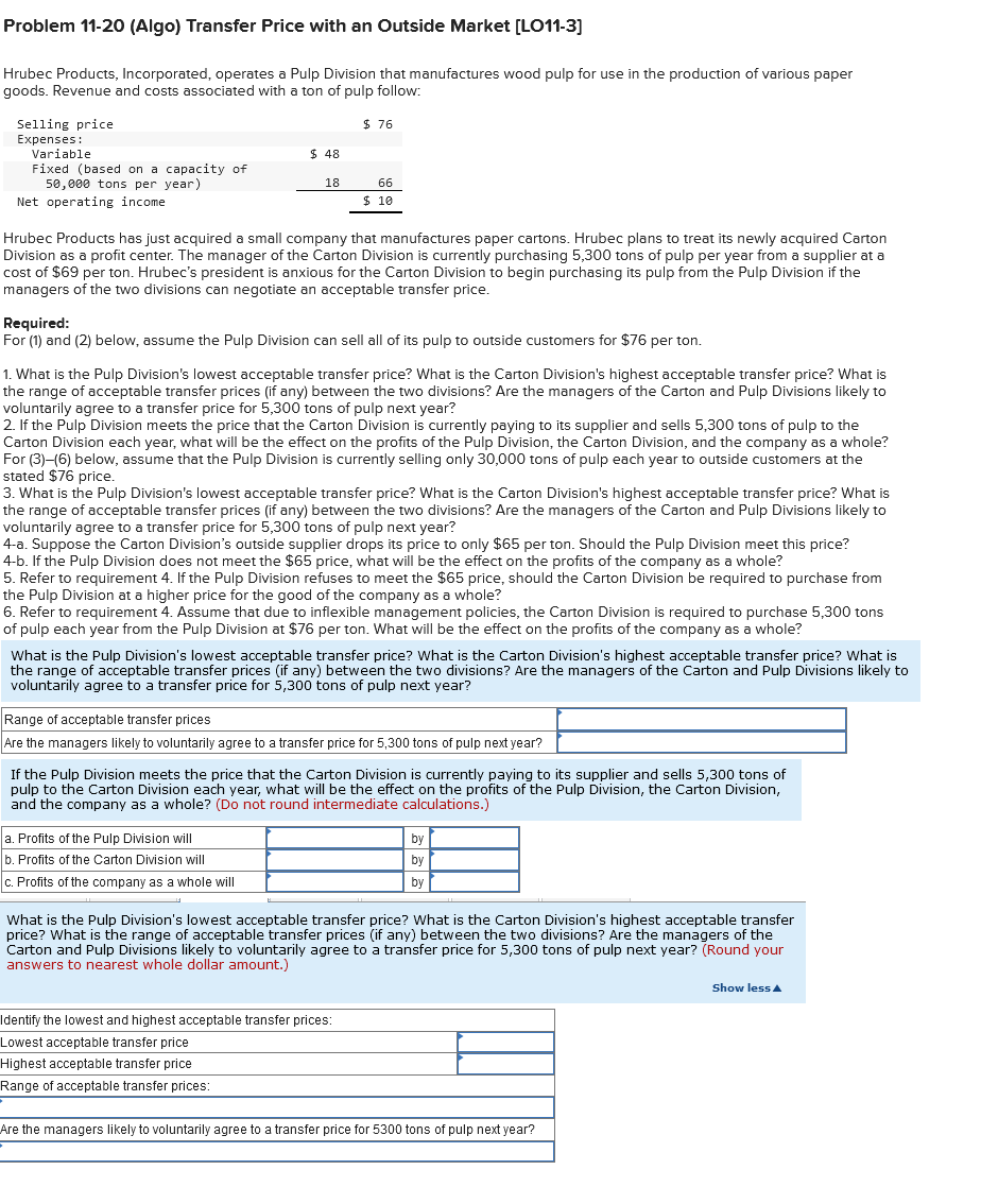 Solved Problem 11-20 (Algo) Transfer Price with an Outside | Chegg.com