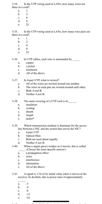 Solved 3-34. n the UTP wiring used in LANs, how many wires | Chegg.com