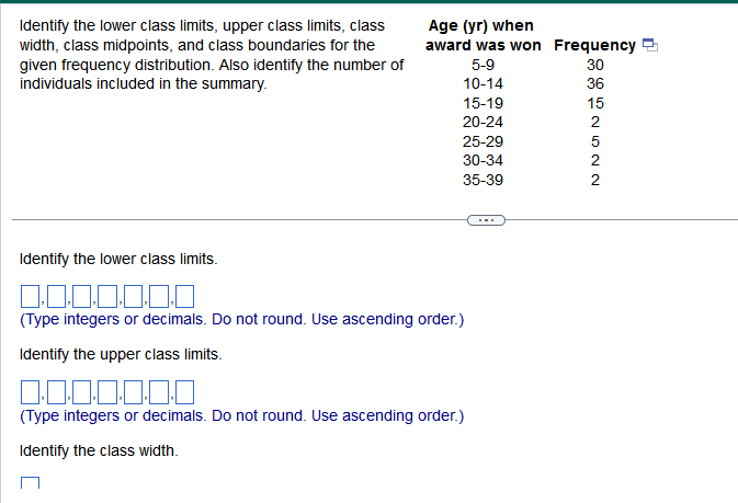Solved Identify the Iower class limits, upper class limits, | Chegg.com