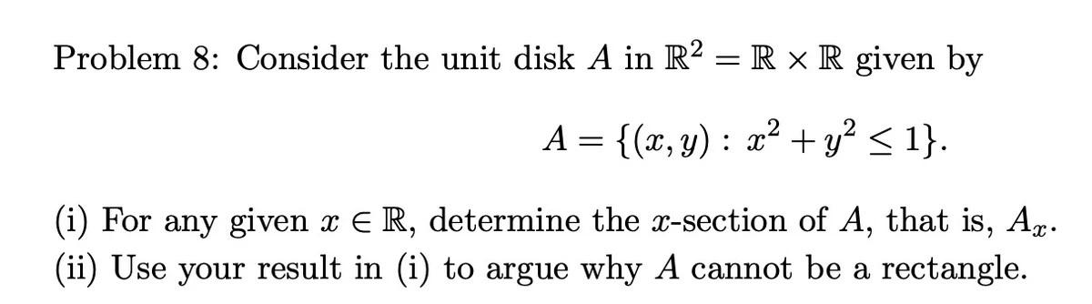 Solved Problem 8: Consider the unit disk A in R2=R×R given | Chegg.com