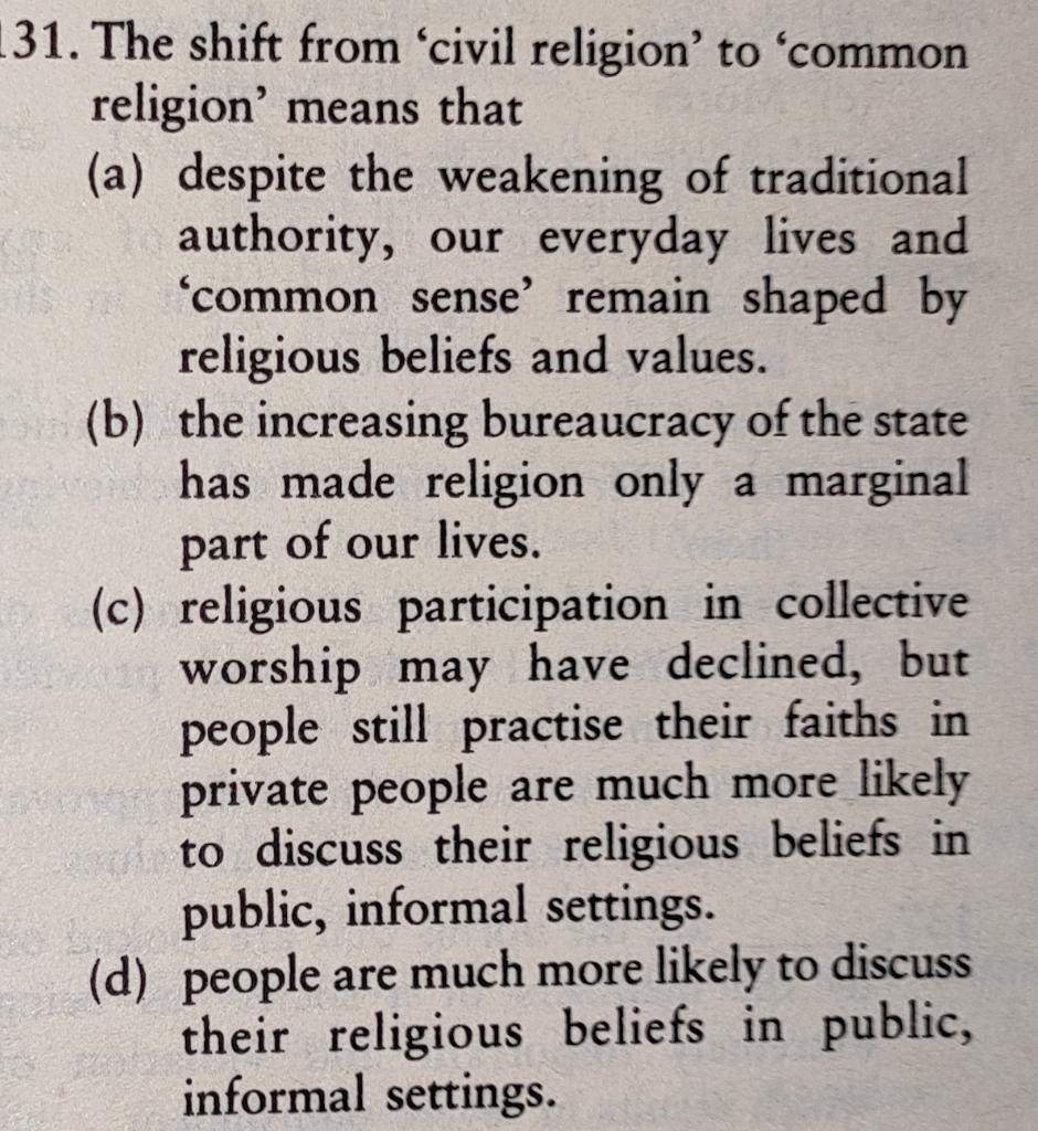 Solved 31. The shift from 'civil religion' to 'common | Chegg.com