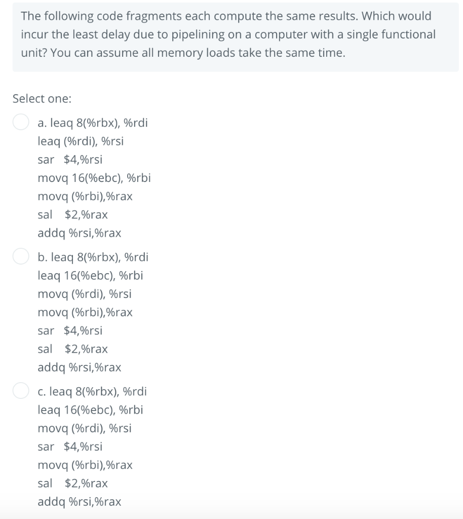 Solved The following code fragments each compute the same | Chegg.com