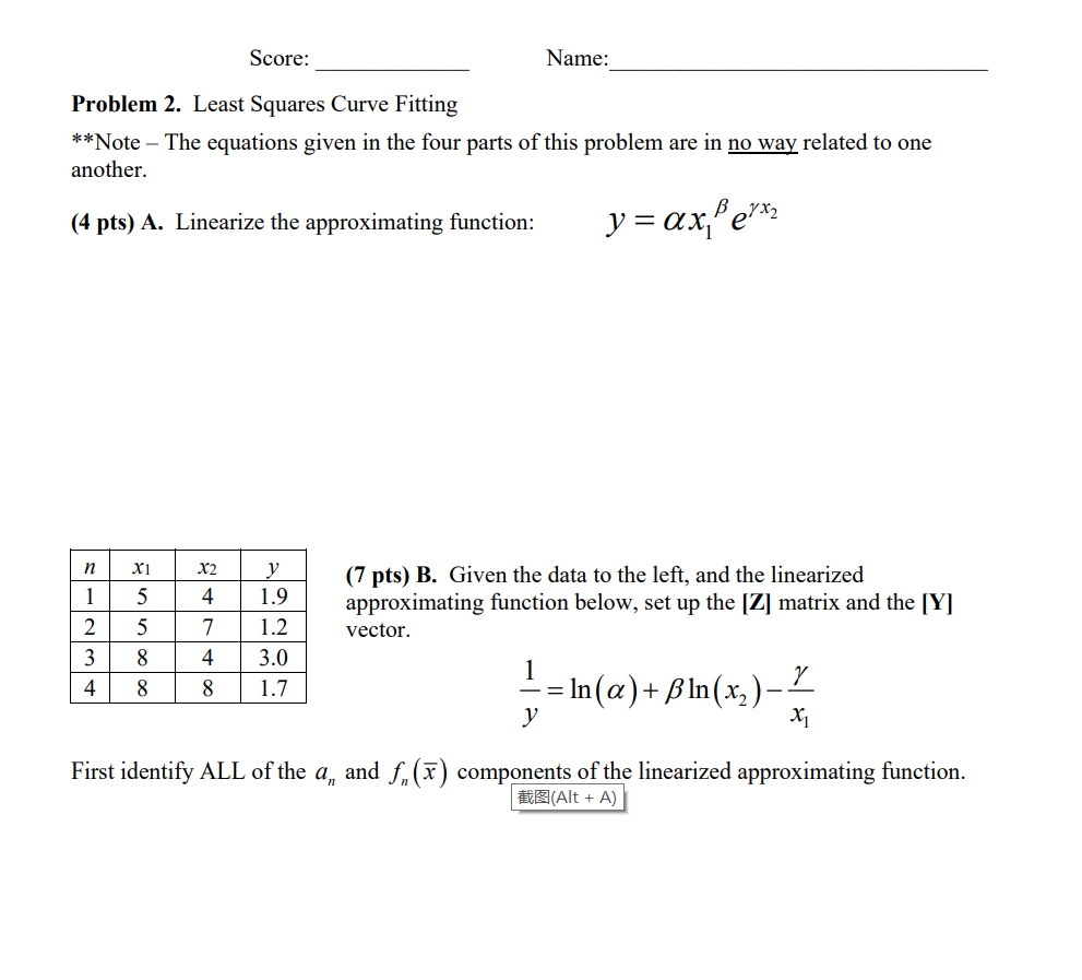 Solved Score: Name: Problem 2. Least Squares Curve Fitting | Chegg.com