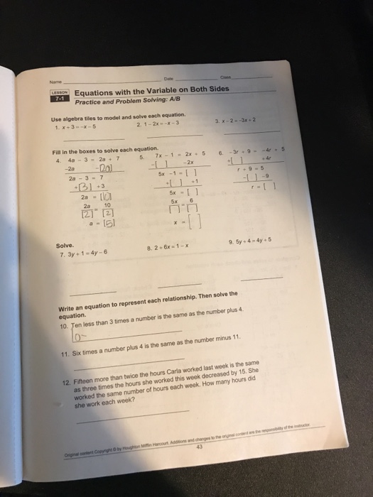 Solved Equations With The Variable On Both Sides Practice Chegg
