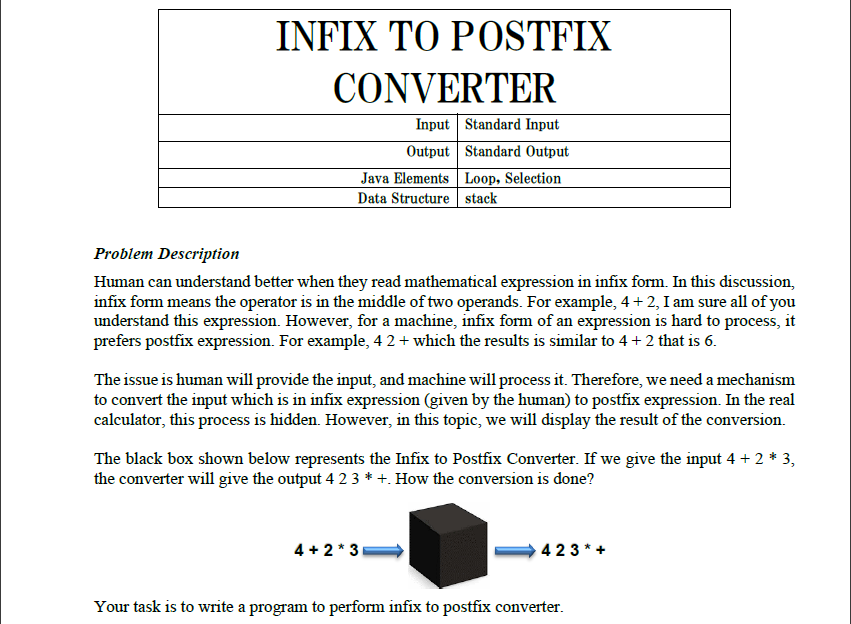 Solved INFIX TO POSTFIX CONVERTER Input Standard Input | Chegg.com