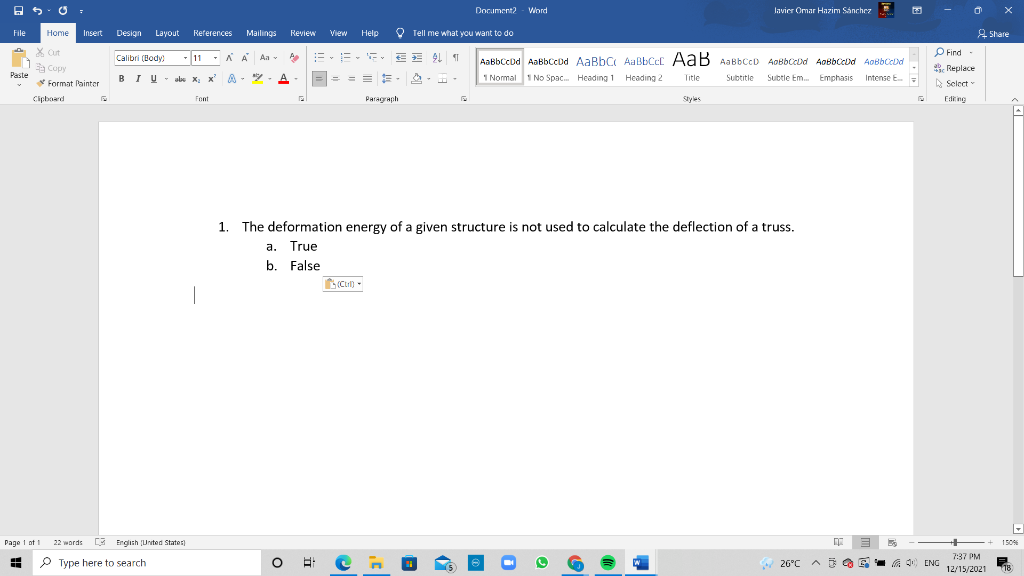Solved Document2 Word lavier Omar Hazim Sánchez File Home | Chegg.com