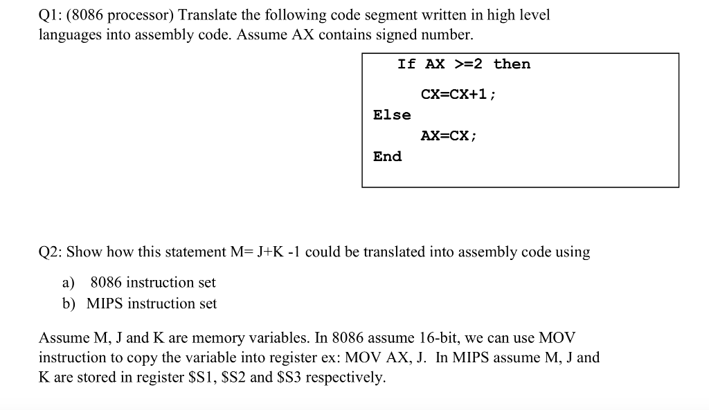 Solved Ql 8086 Processor Translate The Following Code 