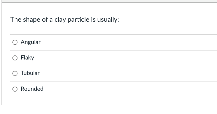 Solved The shape of a clay particle is usually: Angular | Chegg.com